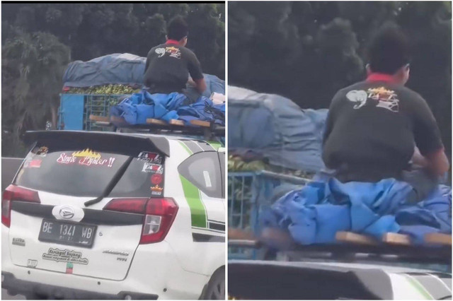 Seorang Pria Terekam Kamera Duduk di Atas Mobil Pelat Lampung di Tol ...
