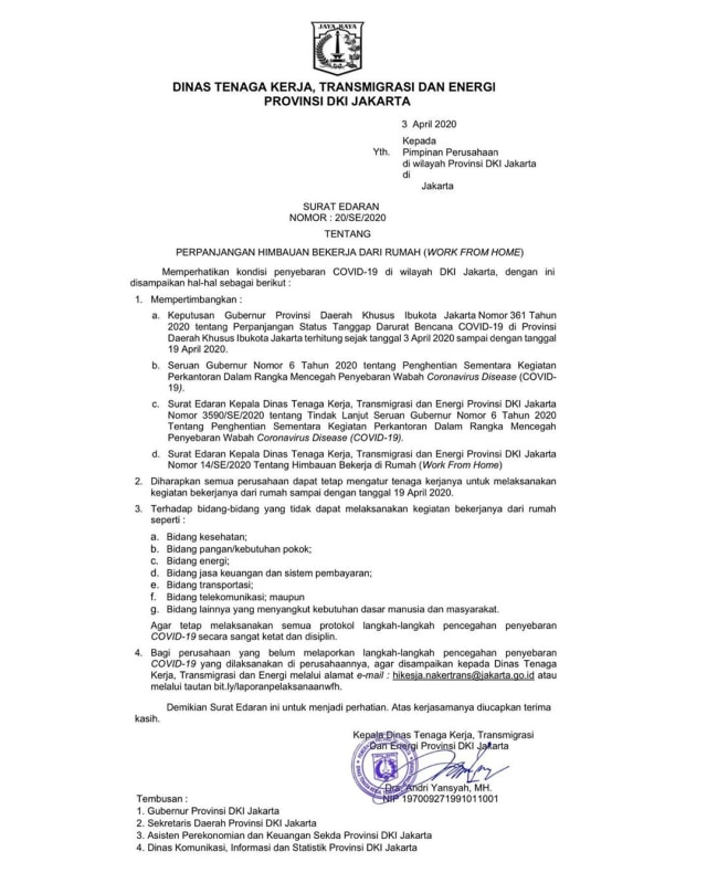 Disnaker DKI Perpanjang Imbauan WFH hingga 19 April 2020 | kumparan.com