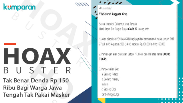 Hoaxbuster: Tak Benar Denda Rp 150 Ribu Bagi Warga Jawa Tengah Tak Pakai Masker | kumparan.com