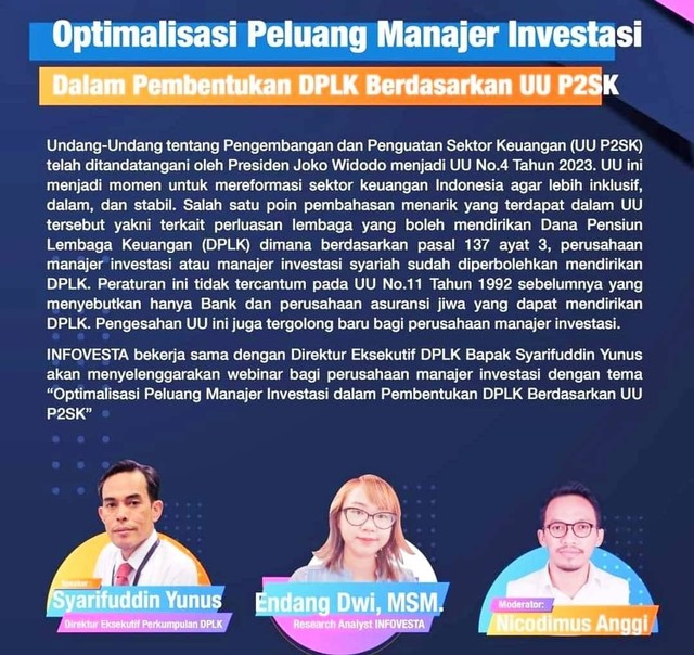 Webinar Manajer Investasi Mendirikan DPLK Sesuai UU P2SK? | kumparan.com