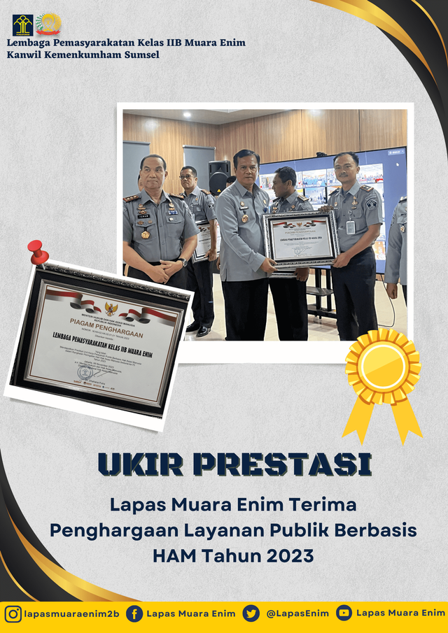 Lapas Muara Enim Terima Penghargaan Layanan Publik Berbasis Ham Tahun