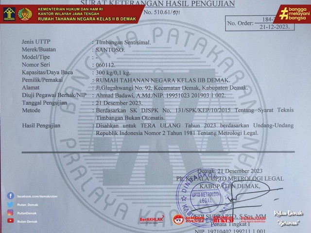 Deteksi Dini Kuantitas Bama, Timbangan Rutan Demak Dikalibrasi ... Deteksi Dini Kuantitas Bama, Timbangan Rutan Demak Dikalibrasi ...