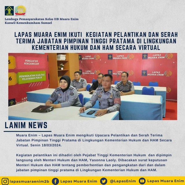 Lapas Muara Enim Ikuti Pelantikan dan Serah Terima Jabatan Pimti Secara Virtual | kumparan.com