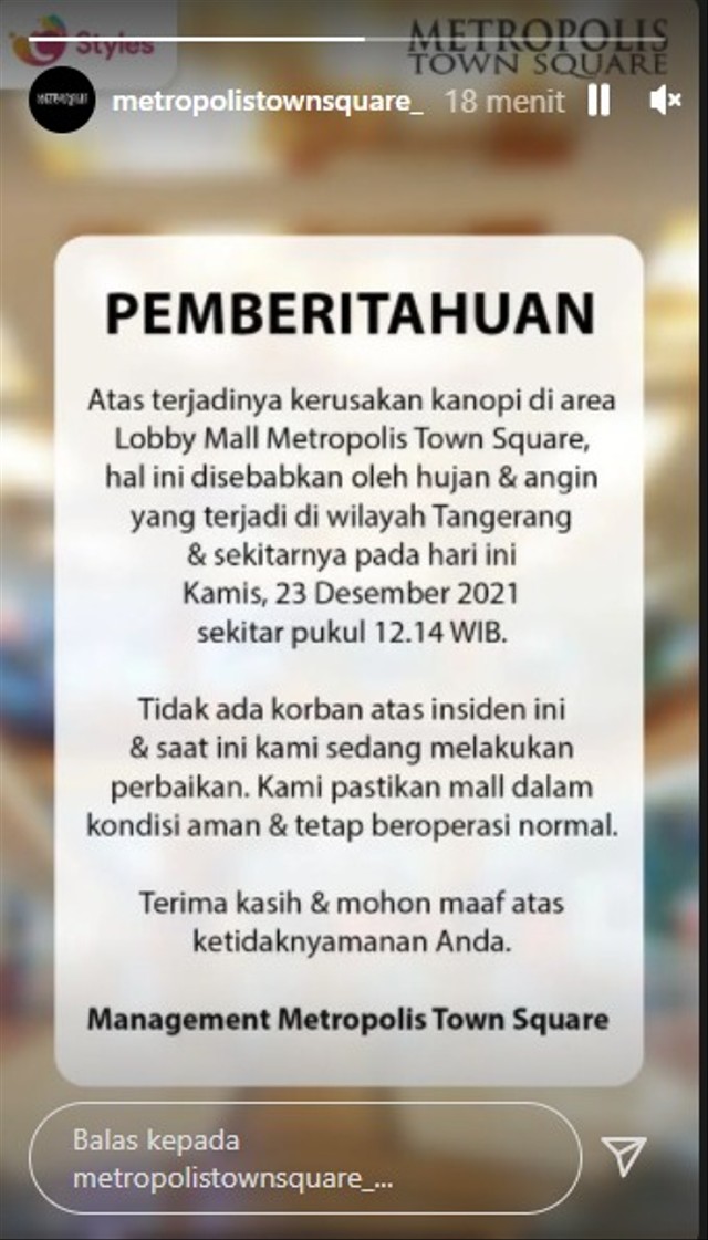Kondisi Metropolis Town Square Tangerang Usai Plafon Ambruk, Kaca ...